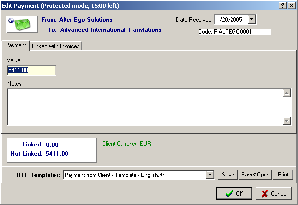 Client window > Payments page